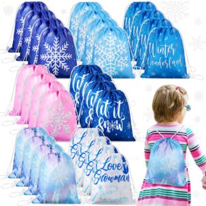 chengu frozen party favors bags for winter snowflake kids birthday favor drawstring goodies bags winter wonderland gift candy bag for boys girls winter themed baby shower party supplies (28 pack)