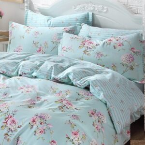 fadfay 7-piece 100% cotton complete bedding sets full size sheet set + duvet cover, soft blue shabby floral deep pocket bed in a bag (1 duvet cover, 1 fitted sheet, 1 flat sheet + 4 pillowcases)