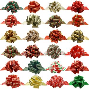 christmas gift pull bows set in 24 assorted patterns, present wrapping bows with ribbon, accessory for holiday gift wine bottles book decoration (easy assembly needed) (24)