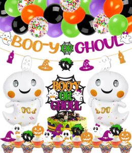 halloween gender reveal decorations boo-y or ghoul banner cake cupcake topper ghost balloon pumpkin witch hat theme for kids boy girl halloween baby shower party supplies