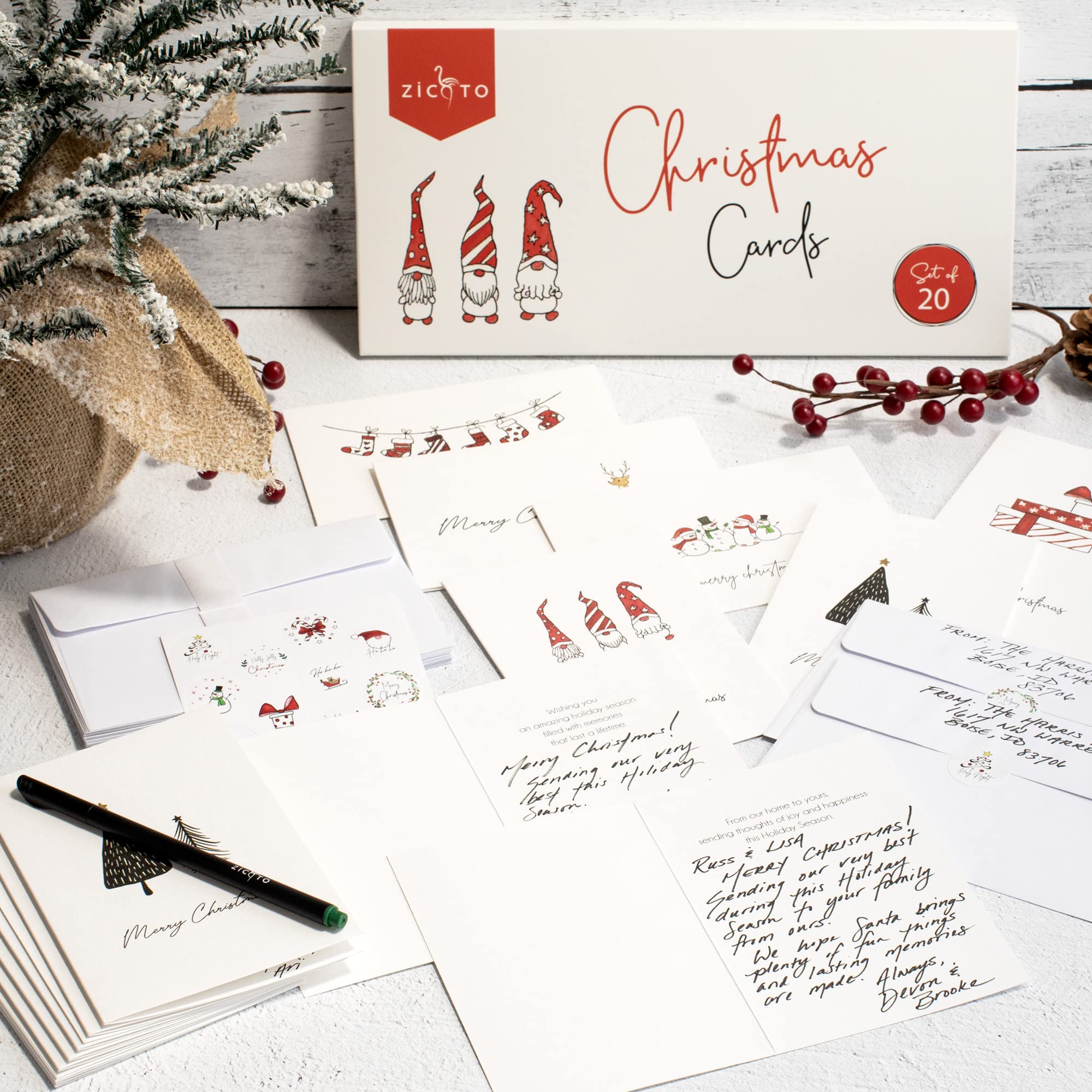 ZICOTO Beautiful Modern Christmas Cards Set of 20 - Incl. Bulk Envelopes, Matching Stickers And Storage Box - Perfect to Send Warm Holiday Wishes to Friends and Family