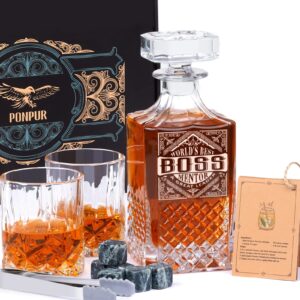 ponpur boss gifts for men, decanter set with stones & glasses, best boss day birthday gift, office farewell gifts for boss, mentor, manager, leader, unique christmas presents