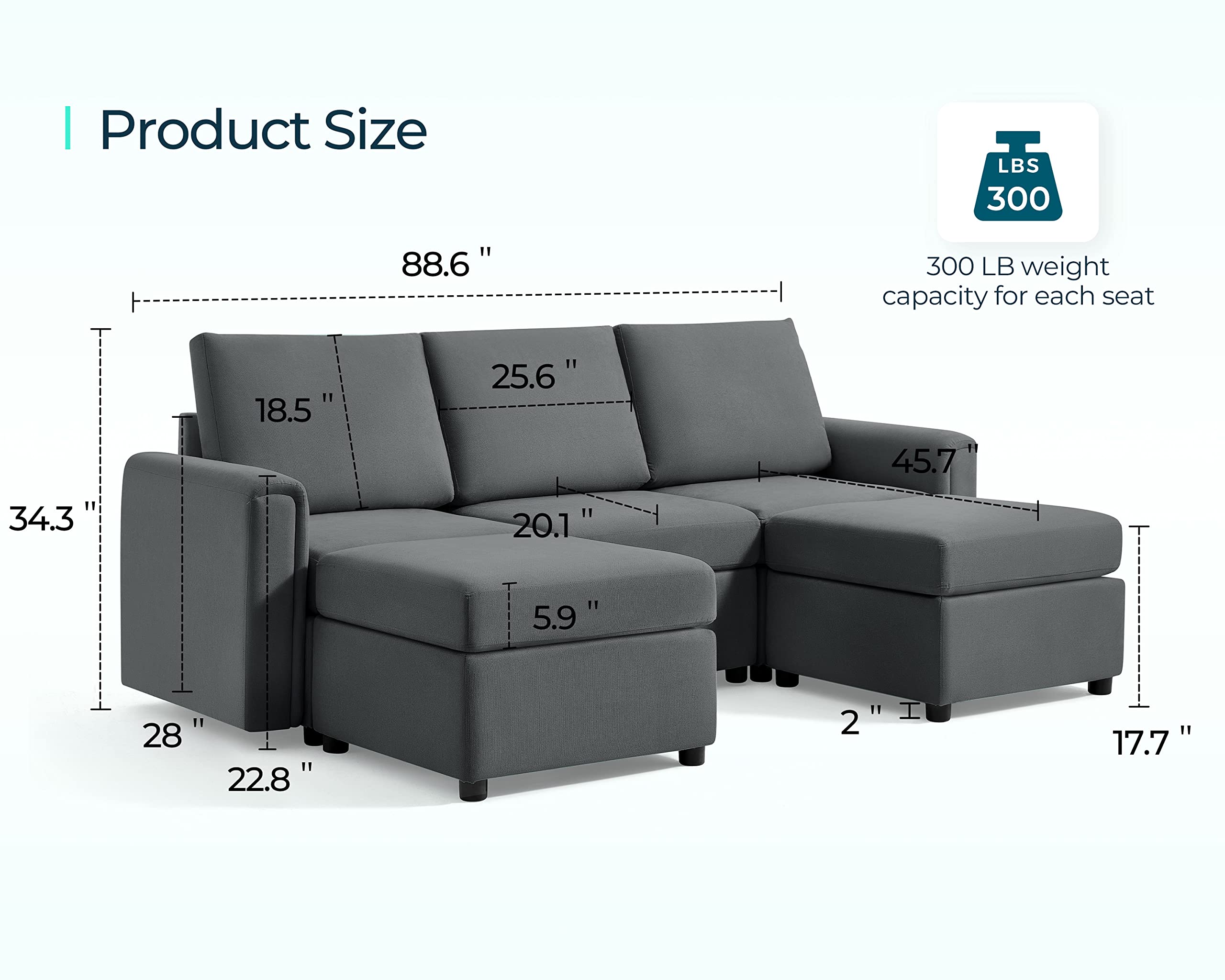 LINSY HOME Modular Sectional Sofa, Convertible L Shaped Sofa Couch with Storage, Modular Sectionals with Ottomans, Small Sofa Couch with Chaise for Small Space, Living Room, Dark Gray