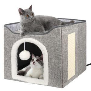 heated cat bed for indoor cats, foldable cat house with removable heating pad for cats small dog covered cat bed cave kitty hideaway with with scratch pad, all season use