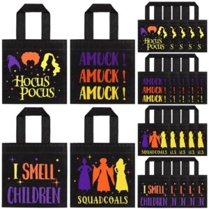 whaline 24 pack halloween non-woven bags reusable hocus pocus witch theme tote gift bag trick or treat party favor bag candy goodie bag with handle for kids teens birthday supplies, 4 design