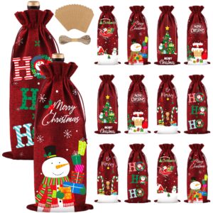 mimind 12 pieces christmas burlap wine bags xmas buffalo plaid wine gift bags with drawstrings, gift tags & ropes xmas burlap wine bottle covers for xmas holiday party supplies, burgundy