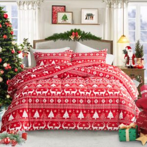 flysheep christmas comforter set 3 pieces twin size 68x88 inches, red white snowflake and deers trees reversible design, soft microfiber lightweight bedding sets for kids