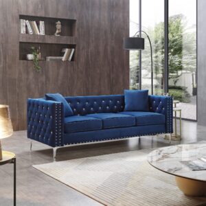 harper & bright designs velvet upholstered three-seater sofa, 82.3'' wide blue velvet 3-seat sofa with jeweled buttons, square arm, two pillows included for living room, office