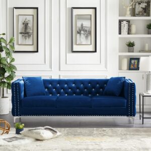 homsof 59.4" width modern velvet sofa jeweled buttons tufted square arm couch with 2 pillows