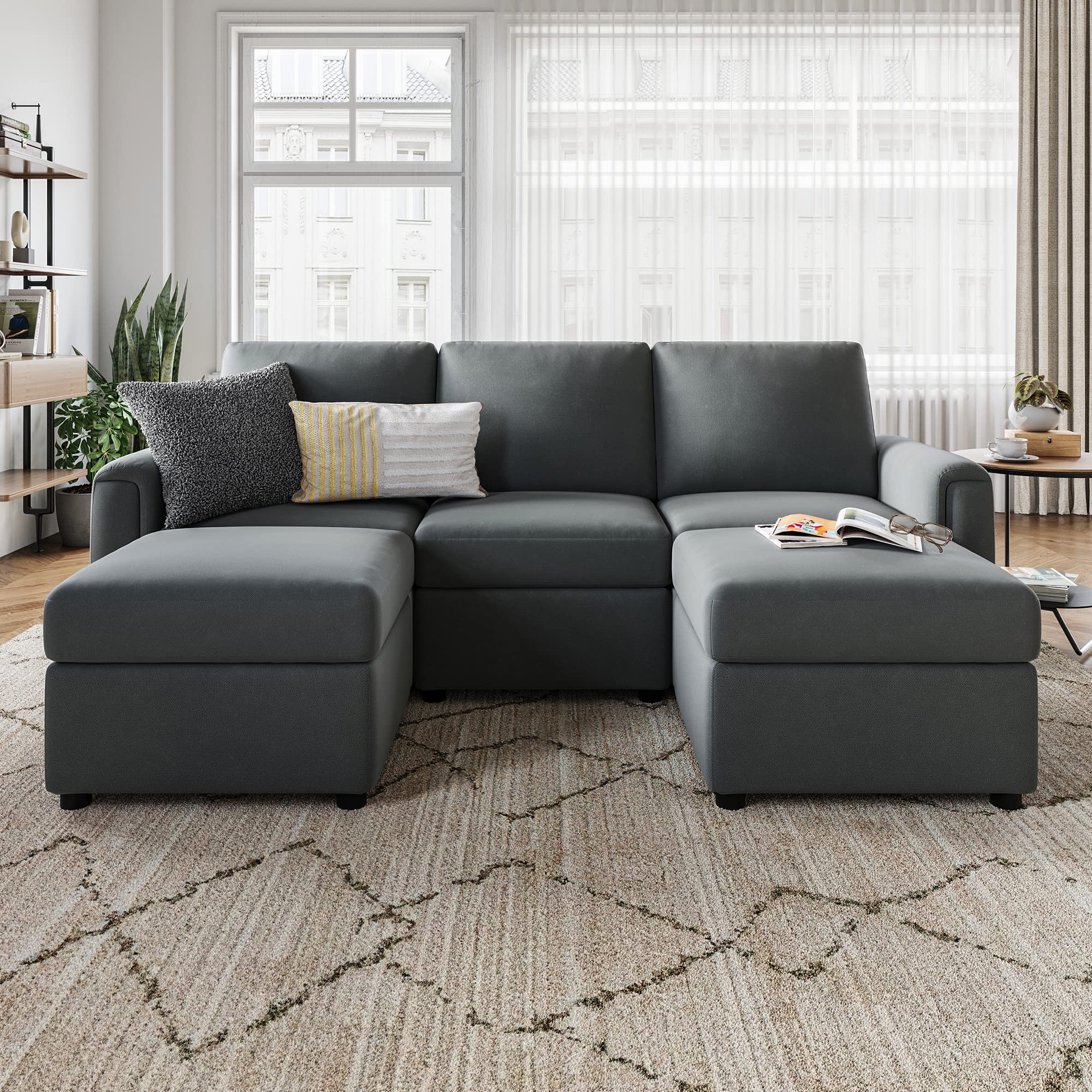 LINSY HOME Modular Sectional Sofa, Convertible L Shaped Sofa Couch with Storage, Modular Sectionals with Ottomans, Small Sofa Couch with Chaise for Small Space, Living Room, Dark Gray