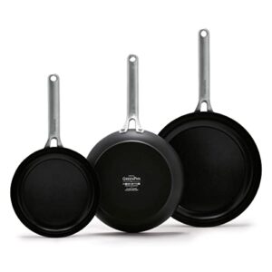 greenpan omega hard anodized advanced healthy ceramic nonstick, 8" 9.5" and 11" 3 piece frying pan skillet set, anti-warping induction base, dishwasher safe, oven & broiler safe, black