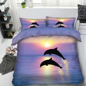 blue and purple ocean sunset comforter sets 3 pieces kids twin size quilted bedding 3d dolphins bed in a bag for boys girls animal quilt queen (034comforter, twin)