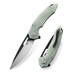 bestech knives pocket folder folding knife: 3.54" d2 steel black satin blade, g10 scales, flipper, liner lock, edc steel clip, bg50d (translucent)