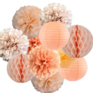 pastel orange color hanging decorations –tissue paper flower pompoms and lantern for bridal baby shower bachelorette birthday party decor (peach + orange)