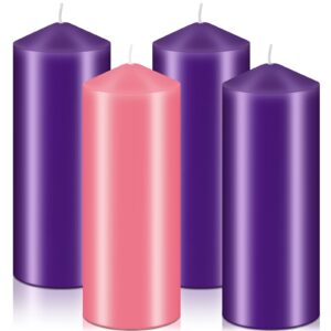 4 pcs christmas advent pillar candle unscented dome top pink purple candles long lasting slow burning church candles hand poured wax candles for holiday gifting, 3 x 8 inch