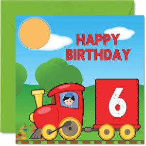 6th birthday card unisex - train - happy birthday card for 6 year old son daughter brother sister grandson granddaughter niece nephew cousin, 5.7 x 5.7 inch birthday greeting card