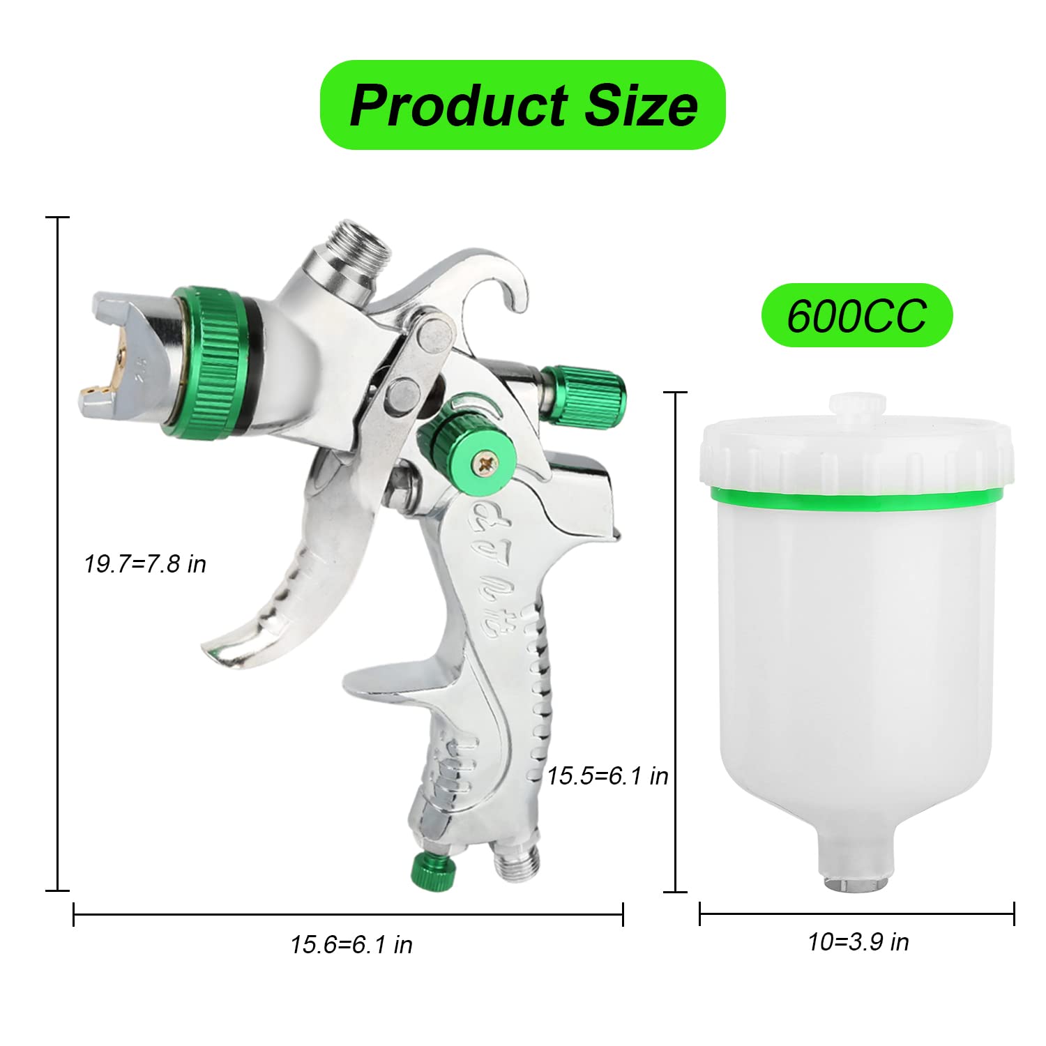 CenVen Hvlp Spray Gun, Air Spray Gun Paint Sprayer Gun with 1.4/1.7/2.0/2.5mm Nozzles, 600ml Capacity Great for Walls, Automotive, Home Improvement (Green)