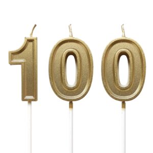 gold 100th birthday candles, number 100 candles for cakes, happy 100 days or years cake topper numeral candle for birthday anniversary celebration decoration party supplies