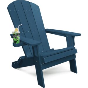 yefu adirondack chair, oversized plastic adirondack chair folding outdoor chairs with cup holder, lawn chair with weather resistant for outside deck lawn garden, weight capacity up to 400 lbs –navy