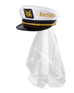 mgupzao bride sailor hat, nautical costume headwear for wedding, bachelorette party, beach party, bridal party gift and decoration, one size fits all, white veil included