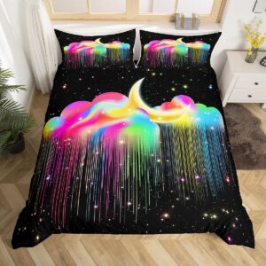 rainbow 3d print clouds duvet cover set queen size,starry galaxy moon night bedding 3 pcs for fancy home decor,gradient watercolor bedding set for adults men women,colorful,2 pillowcases