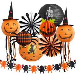 halloween party decorations, black orange party supplies, hanging paper lanterns pumpkin honeycomb tissue paper fan spider garland halloween party for kids adults home decor indoor outdoor