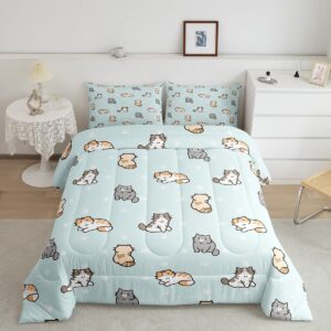 cartoon cat comforter set for girls kids kawaii cats print comforter cute kitten animal room decorative bedding set cat lover's gift green duvet set twin size 2pcs quilt set