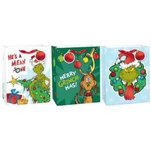 grinch medium favor bags - 9" x 7" x 4" | assorted colors & design with foil hot-stamped paper bags, perfect for holiday celebrations & events - pack of 3