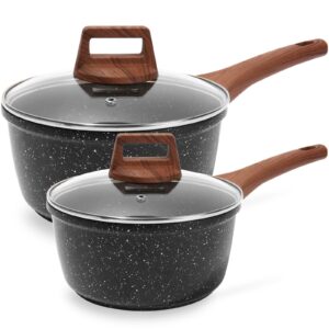 eslite life 1.5 qt & 2.5 qt sauce pan set with lids, nonstick small soup pot compatible with all stovetops (gas, electric & induction), pfoa free, black