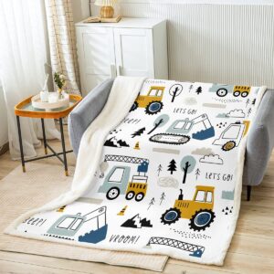 cartoon car kids fleece throw blanket construction sherpa blanket decor equipment trucks plush blanket cartoon car excavator tractor white yellow fuzzy blanket bedroom flannal blanket queen 90"x90"