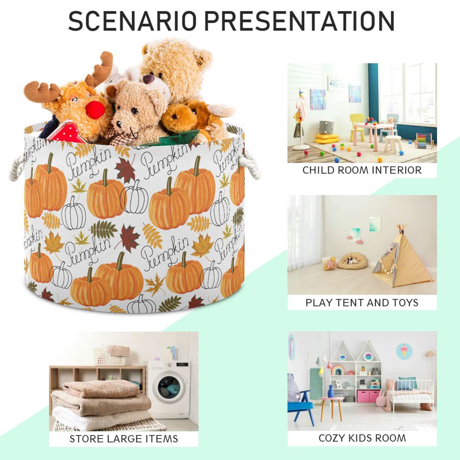 senya Thanksgiving Storage Basket Fall Basket, Pumpkin Leaf Fall Autumn Thanksgiving for Toys Clothes Storage Bin Box Laundry Hamper Organizer Bag with Handles