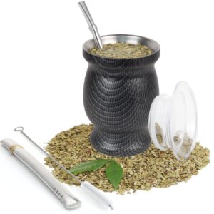 9oz yerba mate cup, yerba mate gourd set-stainless steel modern mate cup, 2 bombilla mate straws, cleaning brush and bpa free lid, double-walled and hot&cold drink, mate gourd for mate tea, coffee