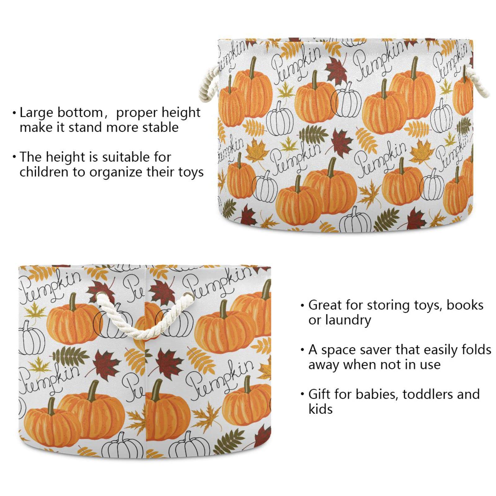 senya Thanksgiving Storage Basket Fall Basket, Pumpkin Leaf Fall Autumn Thanksgiving for Toys Clothes Storage Bin Box Laundry Hamper Organizer Bag with Handles