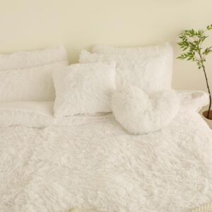 HAIHUA Faux Fur Plush White Comforter Cover Queen Set 9 Pieces，Shaggy Luxury White Bedding Set, Soft Fluffy Bed Sets Full Queen with Duvet Cover and Sheets (White, Full/Queen)