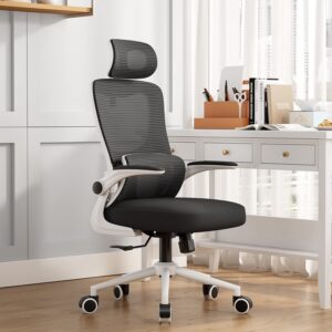 brthory office chair height-adjustable ergonomic desk chair with lumbar support, breathable mesh computer chair high back swivel task chair with adjustable headrest and flip-up armrests - white