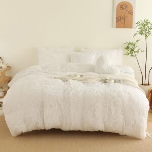 haihua faux fur plush white comforter cover queen set 9 pieces，shaggy luxury white bedding set, soft fluffy bed sets full queen with duvet cover and sheets (white, full/queen)