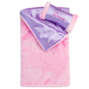 sophia's fur and satin sleeping bag and dream embroidered pillow for 18 inch dolls, pink/purple