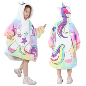 mizzeo kids wearable blanket hoodie, oversized sherpa wearable blanket with hood pocket and sleeves for toddlers, cute hoodies 2-6 year old girls boys youth birthday gifts (unicorn)