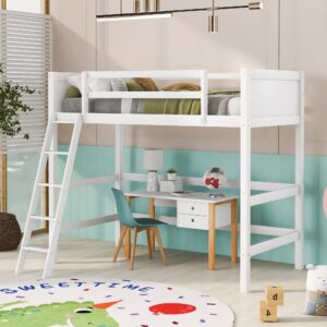 harper & bright designs twin size loft bed with inclined ladder, solid wood loft bed twin frame with full length guardrails for kids adults boys girls teens, no box spring needed (white)