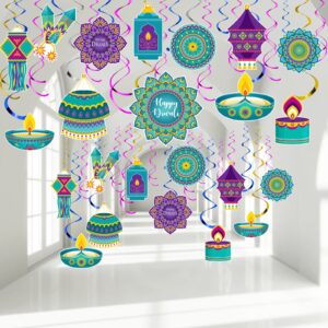 54 pcs diwali party decorations, happy diwali party hanging swirls deepavali ceiling decor foil double spiral lights rangoli hanging swirls decor for home indian party supplies