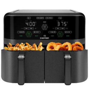 chefman 6 quart dual basket air fryer - digital touchscreen, smart sync finish, hi-fry, auto shutoff, 2 independent 3qt nonstick dishwasher-safe frying baskets - digital double air fryer - black