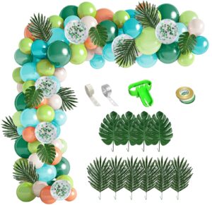 xiruishen 118 pcs tropical forest balloon arch garland kit, green confetti balloon palm leaf hawaiian theme graduation ceremony anniversary celebration birthday party wedding decorations