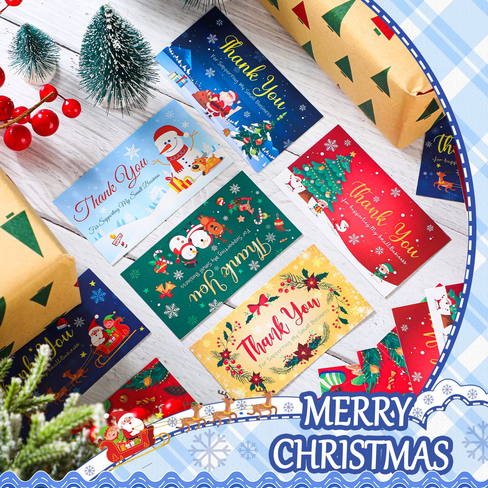 240 Pcs Christmas Thank You Cards for Small Business Paper Note Greeting Cards Snow Crane Santa Snowman Christmas Cards Winter Themed Thank You Note Holiday Wreath Thank You Note Cards for Holiday