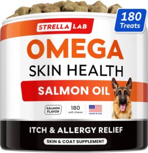 strellalab omega 3 for dogs - (180ct) fish oil treats - allergy & itch relief skin&coat supplement - dry itchy skin, shedding, hot spots treatment, anti itch - pet salmon oil chews - salmon flavor