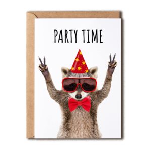 oysterspearl party time birthday card - graduation card promotion card congratulations portrait of a funny raccoon - birthday greeting card., 5 x 7 inches