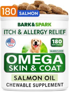 bark&spark omega 3 for dogs - 180 fish oil treats for dog shedding, skin allergy, itch relief, hot spots treatment - joint health - skin and coat supplement - epa & dha fatty acids - salmon oil