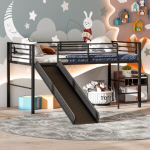 giantex twin loft bed with slide, metal low bunk bed w/safety guardrails & built-in ladder, toddler bed floor frame for boys & girls, no box spring needed (black)