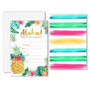 disfuco hawaiian summer pool party invitations, aloha luau tropical party invitations - fill in the blank birthday party invites - 20 invitation cards with 20 envelopes (d02)