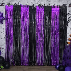 lyubasa 3 pack halloween party decorations,black and purple tinsel foil fringe curtains,halloween theme photo booth prop streamer backdrop decor indoor outdoor party supplies for birthday anniversary