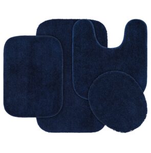 garland rug traditional washable bath rug set, 4 piece (toilet seat cover,contour rug, 21" x34', 17"x24" bath rugs) navy